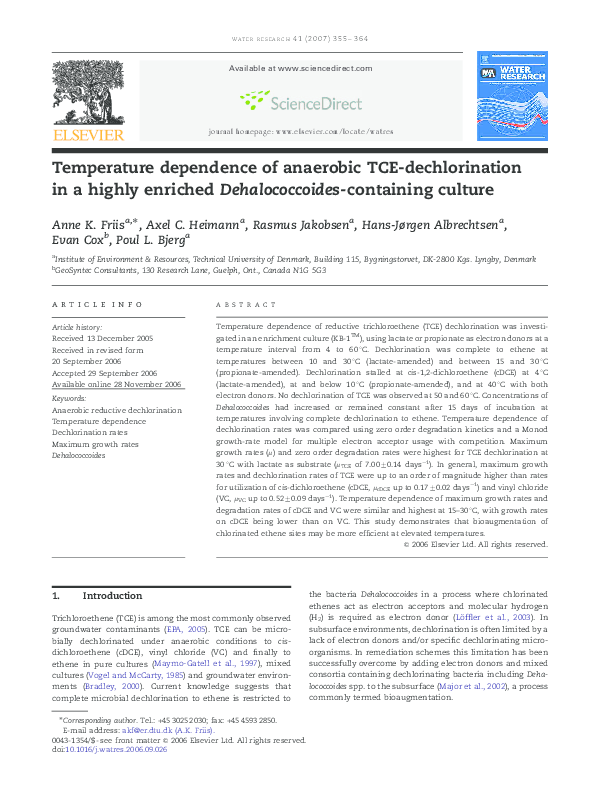 (PDF) Temperature dependence of anaerobic TCE-dechlorination in a ...