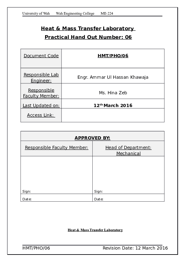 (DOC) Heat & Mass Transfer Laboratory Practical Hand Out Number: 06