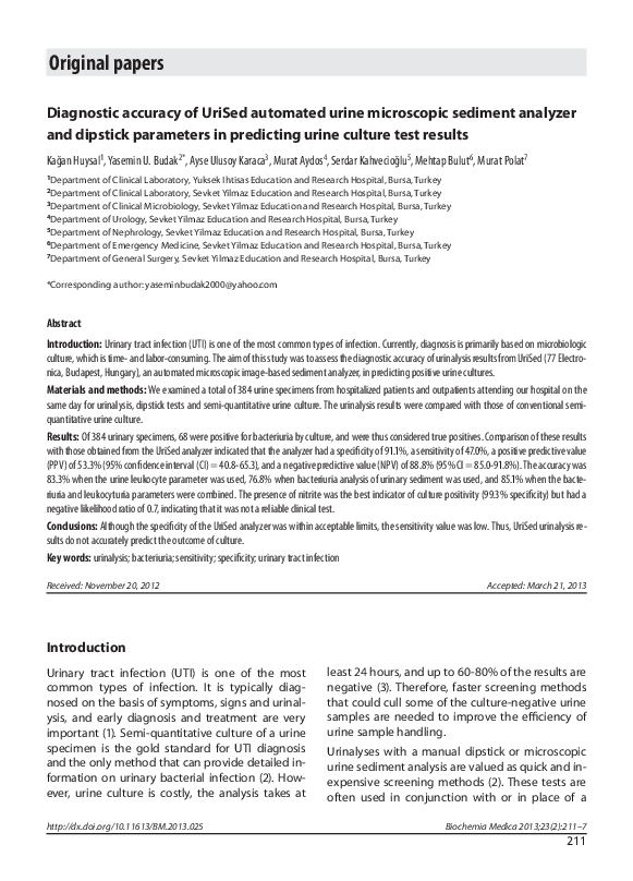 Pdf Diagnostic Accuracy Of Urised Automated Urine Microscopic Sediment Analyzer And Dipstick
