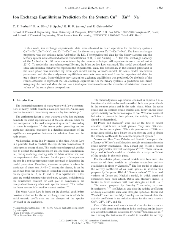(PDF) Ion Exchange Equilibrium Prediction for the System Cu 2+ −Zn 2+ −Na