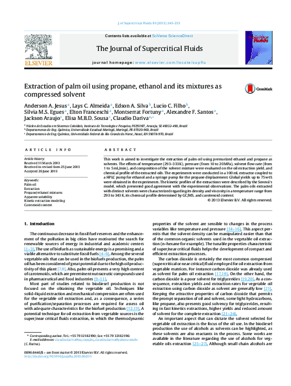 (PDF) Extraction of palm oil using propane, ethanol and its mixtures as ...