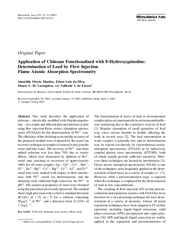 Pdf Application Of Chitosan Functionalized With 8 Hydroxyquinoline Determination Of Lead By