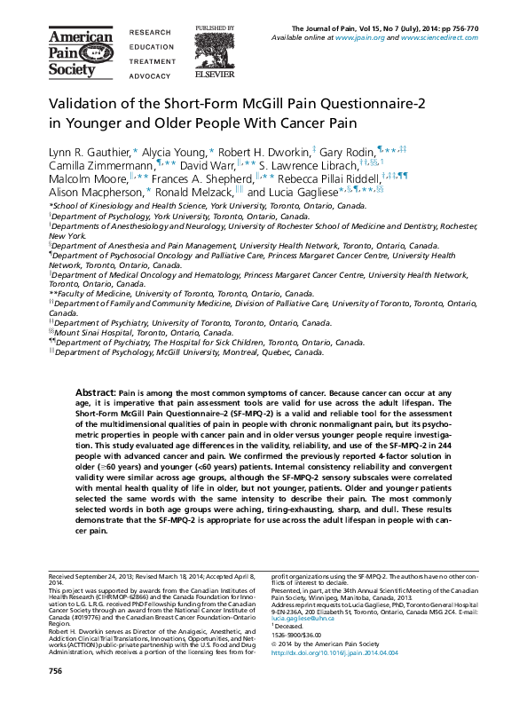 (PDF) Validation of the Short-Form McGill Pain Questionnaire-2 in ...