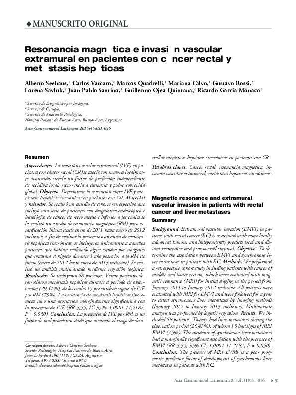 (PDF) [Magnetic resonance and extramural vascular invasion in patients ...