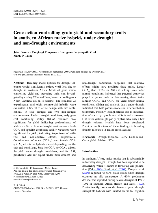 Pdf Gene Action Controlling Grain Yield And Secondary Traits In