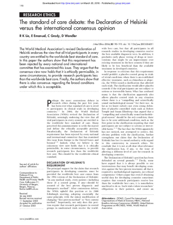 (PDF) The standard of care debate: the Declaration of Helsinki versus ...