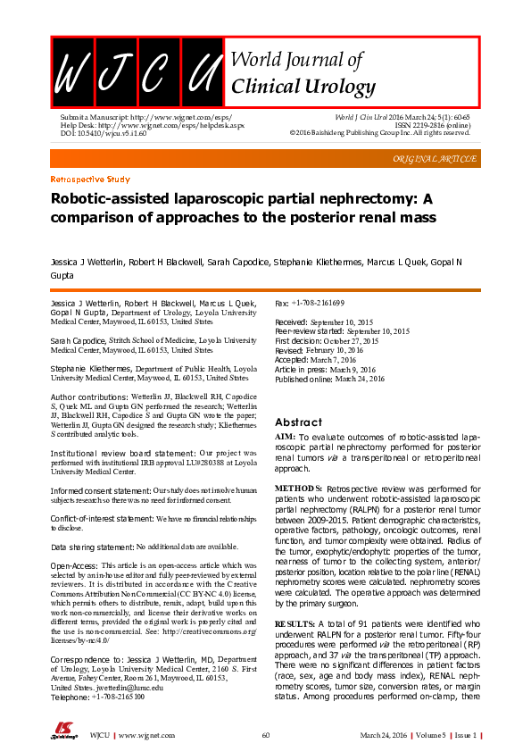 (PDF) Robotic-assisted laparoscopic partial nephrectomy: A comparison of approaches to the ...