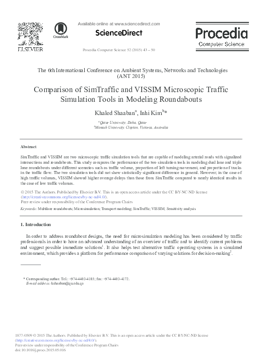 Pdf Comparison Of Simtraffic And Vissim Microscopic Traffic Simulation Tools In Modeling