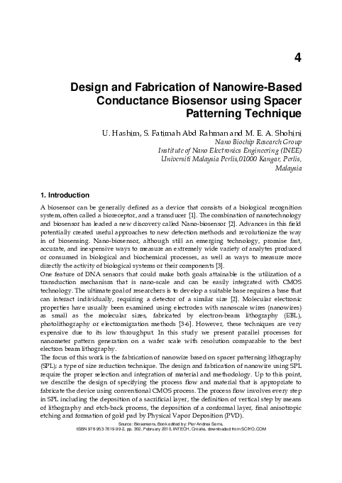 Pdf Design And Fabrication Of Nanowire Based Conductance Biosensor Using Spacer Patterning