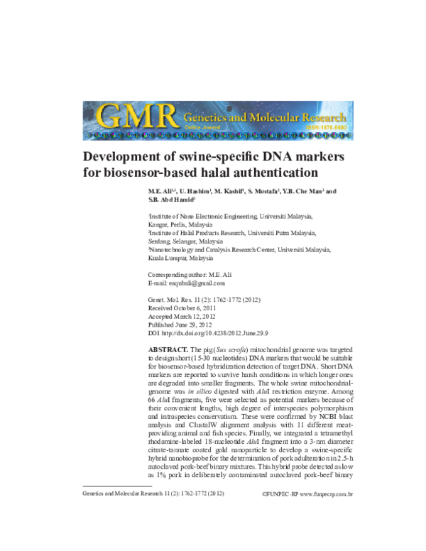 Pdf Development Of Swine Specific Dna Markers For Biosensor Based Halal Authentication