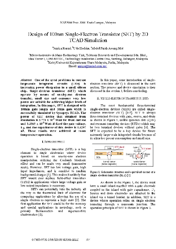 (PDF) Design of 100nm Single-Electron Transistor (SET) by 2D TCAD Simulation