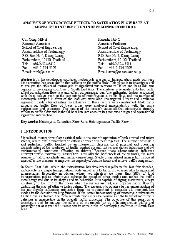Pdf Analysis Of Motorcycle Effects To Saturation Flow Rate At Signalized Intersection In