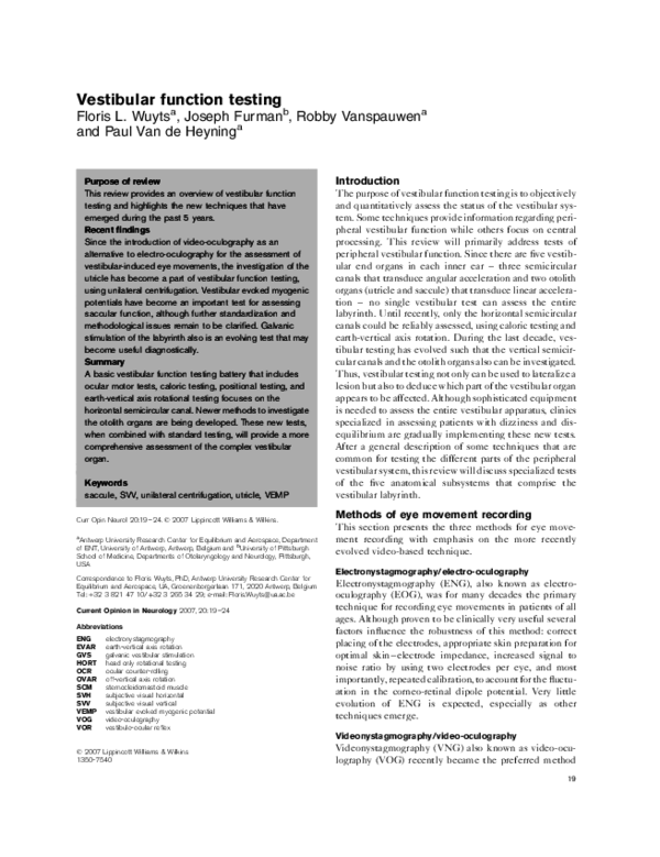 (PDF) Vestibular function testing