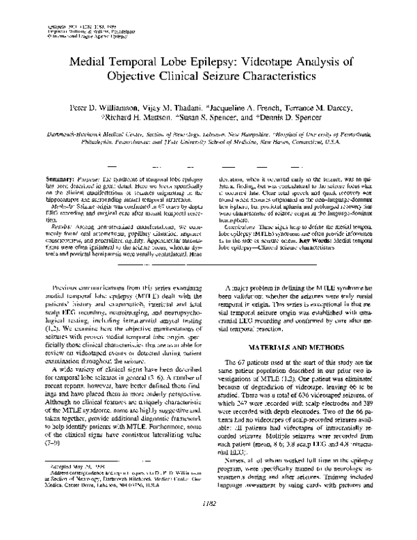 (PDF) Medial temporal lobe epilepsy: videotape analysis of objective clinical seizure ...