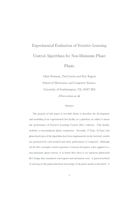 Pdf Experimental Evaluation Of Iterative Learning Control Algorithms