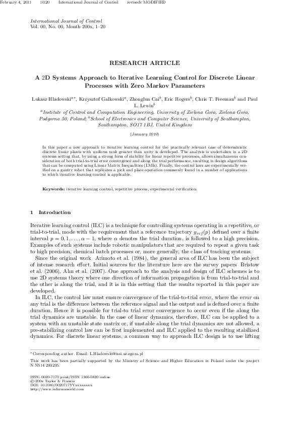 (PDF) A 2D systems approach to iterative learning control with experimental validation