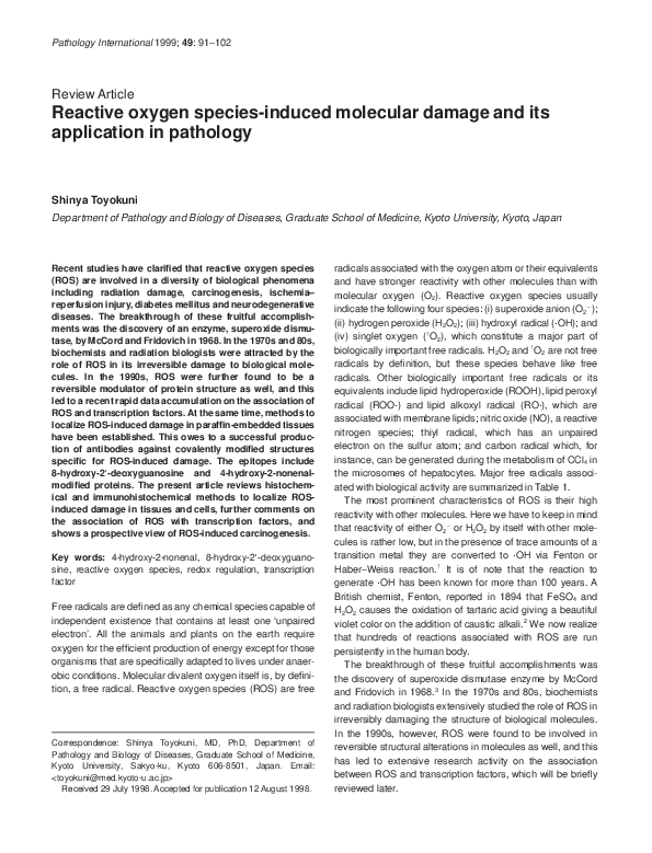 (PDF) Reactive oxygen species-induced molecular damage and its ...