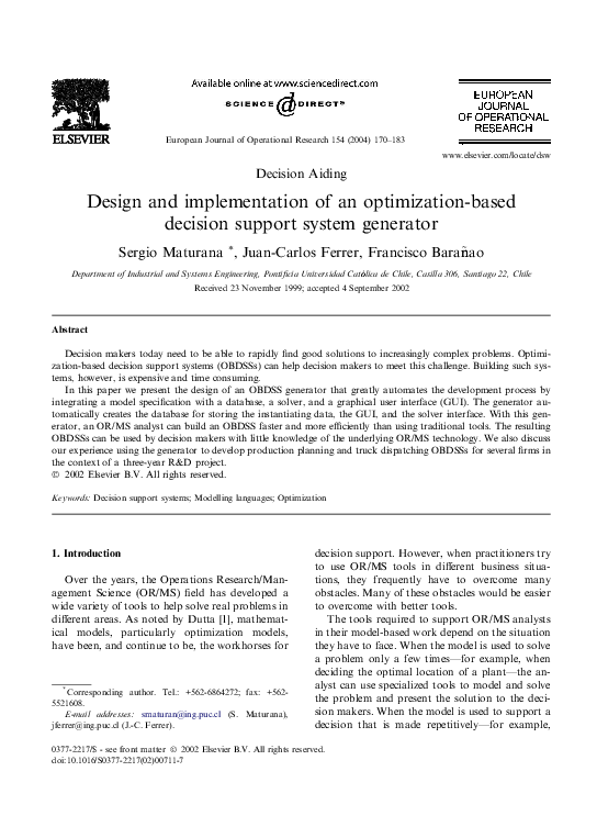 Pdf Design And Implementation Of An Optimization Based Decision Support System Generator
