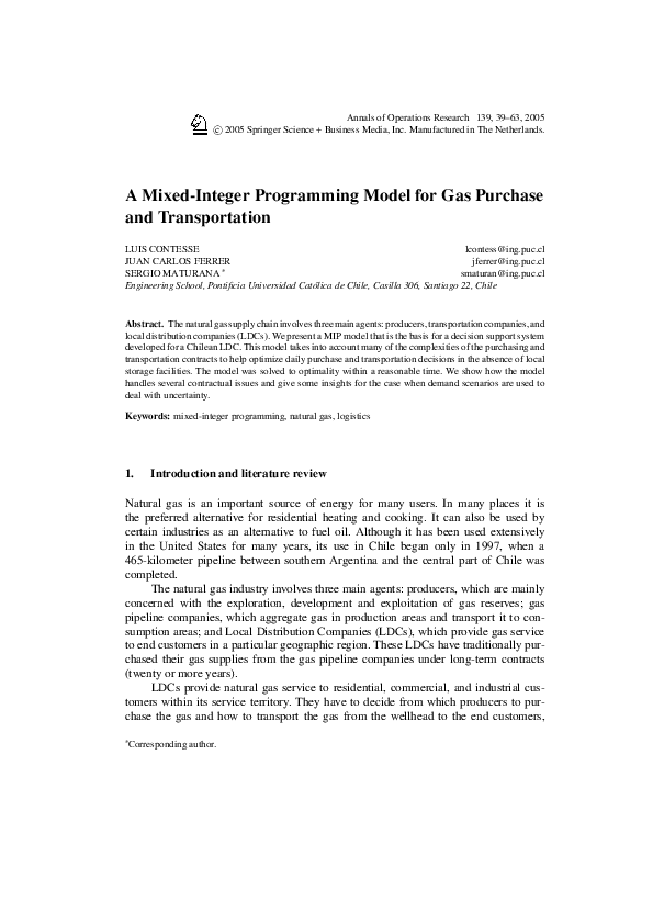 (PDF) A Mixed-Integer Programming Model for Gas Purchase and Transportation