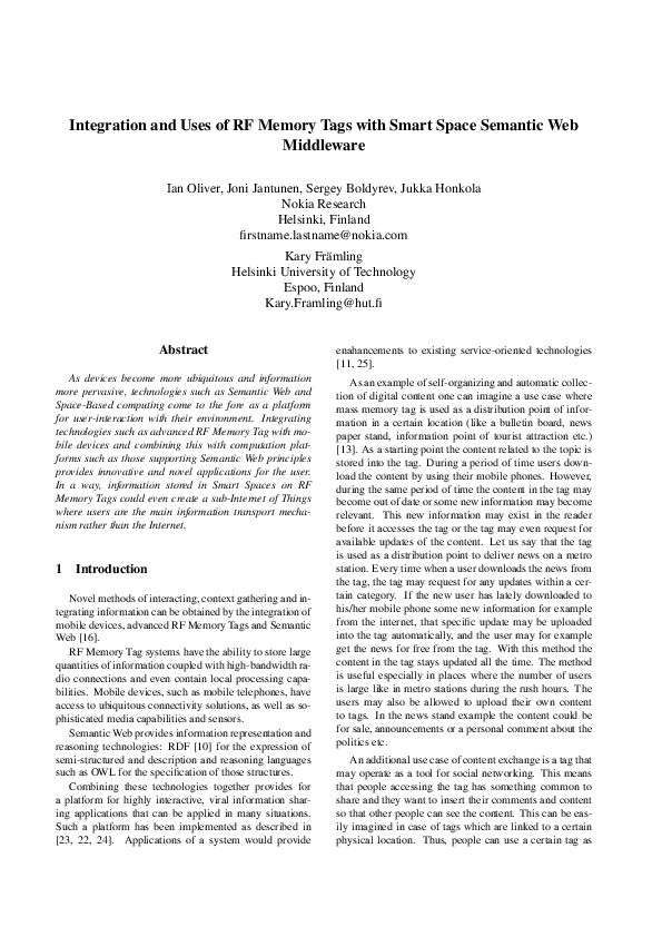 (PDF) Integration and uses of RF Memory Tags with Smart Space Semantic Web middleware