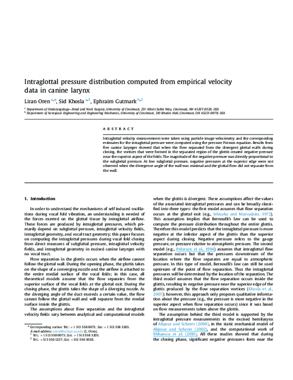 (PDF) Intraglottal pressure distribution computed from empirical velocity data in canine larynx