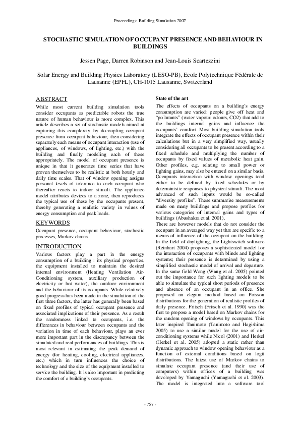 Pdf Stochastic Simulation Of Occupant Presence And Behaviour In Buildings