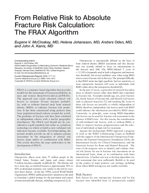 Pdf From Relative Risk To Absolute Fracture Risk Calculation The Frax Algorithm