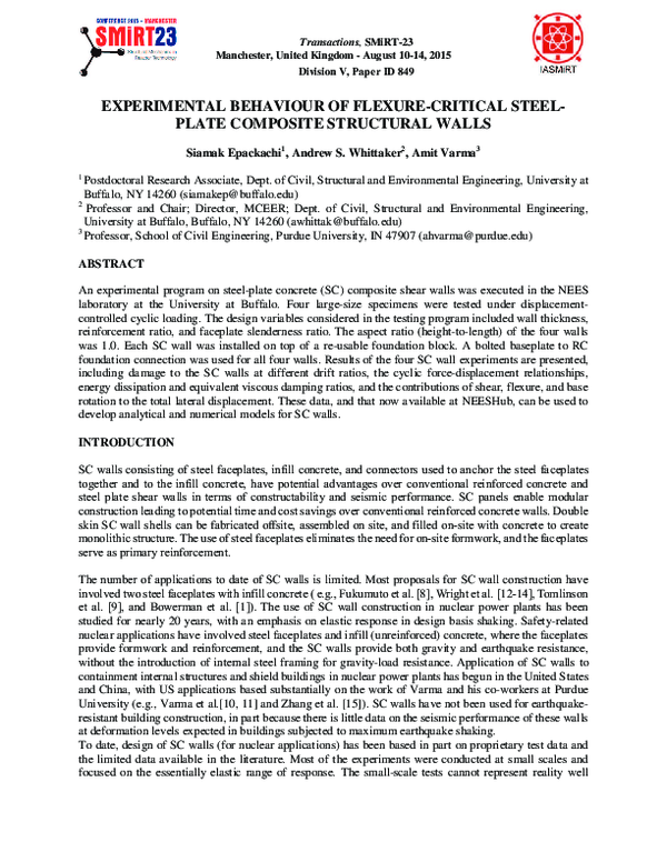 Pdf Experimental And Numerical Investigations Of Composite Concrete Steel Plate Shear Walls