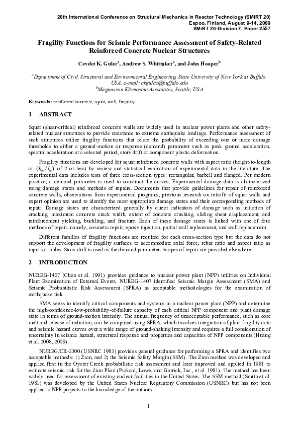 (PDF) Fragility functions for squat reinforced concrete walls in safety-related nuclear ...