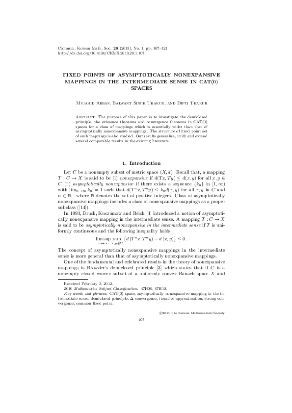 Pdf Fixed Points Of Asymptotically Nonexpansive Mappings In The Intermediate Sense In Cat 0