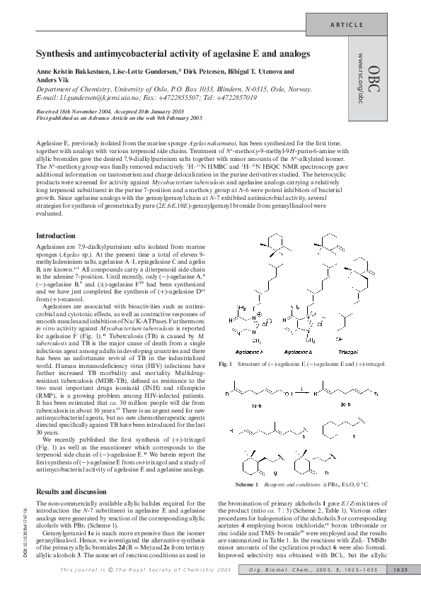 (PDF) Synthesis and antimycobacterial activity of agelasine E and analogs