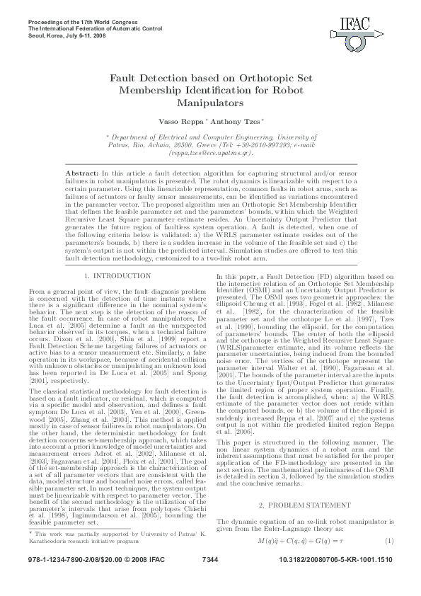 (PDF) Fault detection based on orthotopic set membership identification for robot manipulators