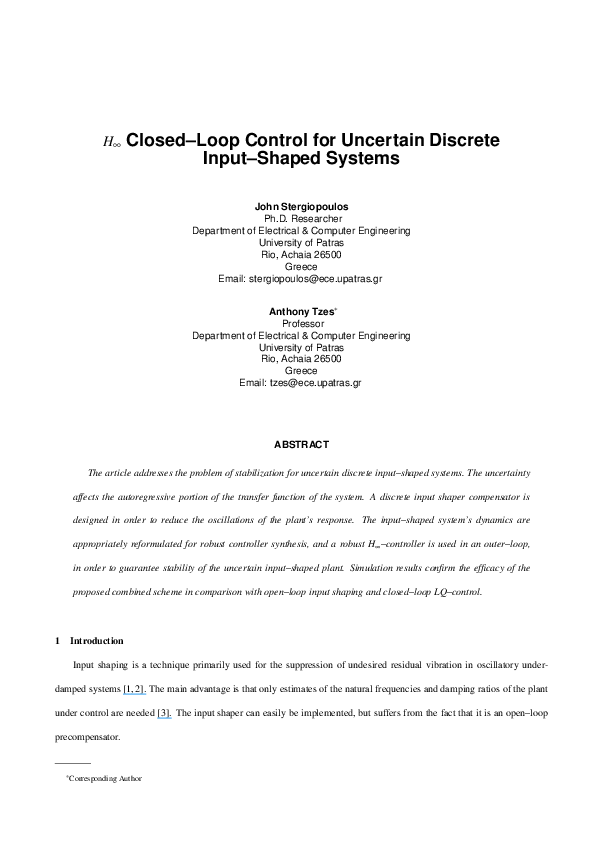 Pdf H Sub ∞ Closed Loop Control For Uncertain Discrete Input Shaped