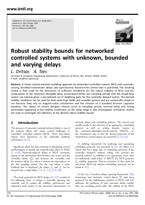 (PDF) Robust stability bounds for networked controlled systems with unknown, bounded and varying ...
