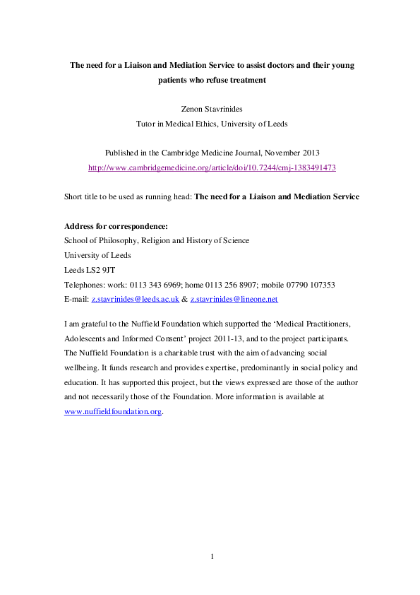 (PDF) The need for a Liaison and Mediation Service to assist doctors ...