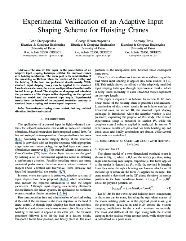 Pdf Experimental Verification Of An Adaptive Input Shaping Scheme For