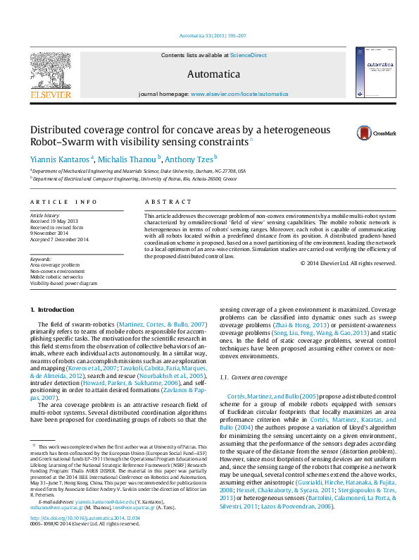 Pdf Distributed Coverage Control For Concave Areas By A Heterogeneous Robot Swarm With