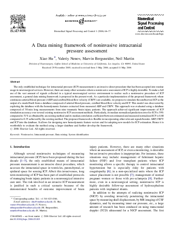 (PDF) A Data mining framework of noninvasive intracranial pressure assessment