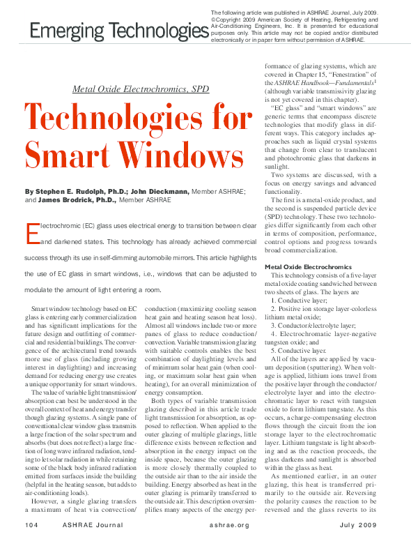 (PDF) Technologies for Smart Windows