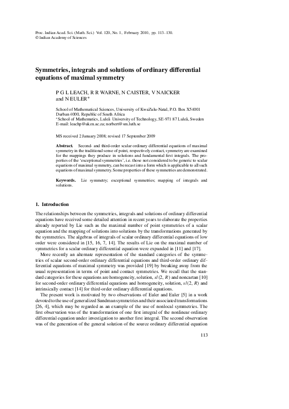 (PDF) Symmetries, integrals and solutions of ordinary differential equations of maximal symmetry