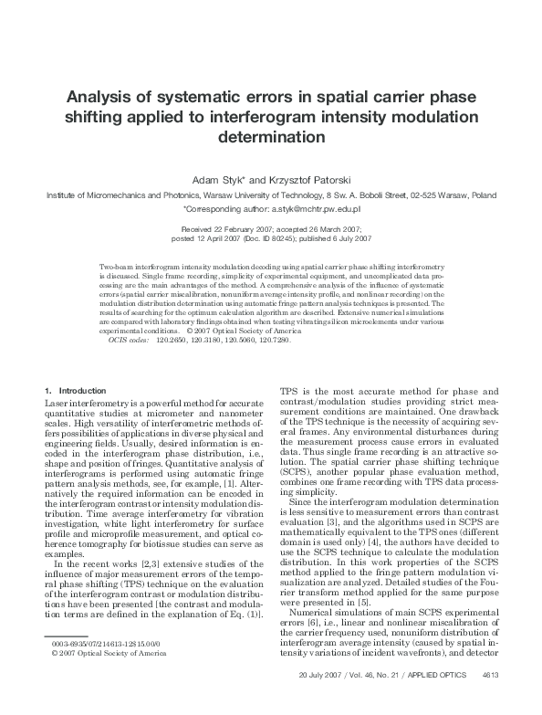 Pdf Analysis Of Systematic Errors In Spatial Carrier Phase Shifting