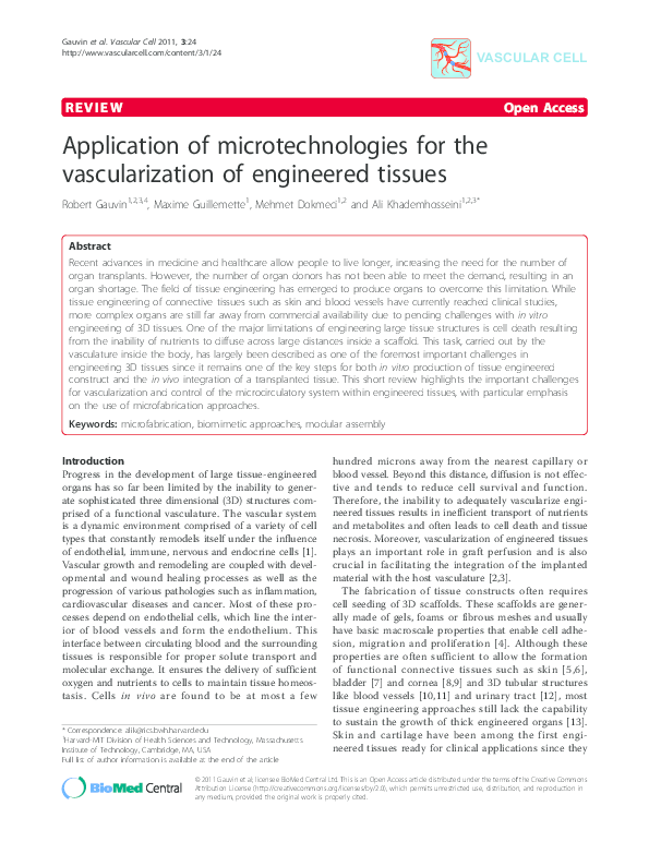 (PDF) Application of microtechnologies for the vascularization of engineered tissues