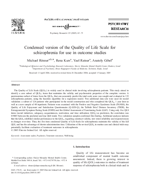 (PDF) Condensed version of the Quality of Life Scale for schizophrenia ...