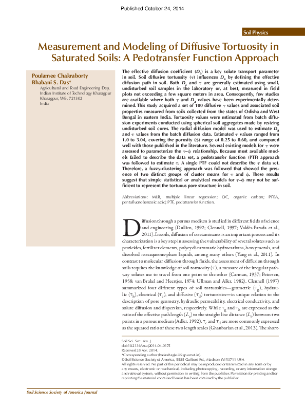 (PDF) Measurement and Modeling of Diffusive Tortuosity in Saturated Soils: A Pedotransfer ...