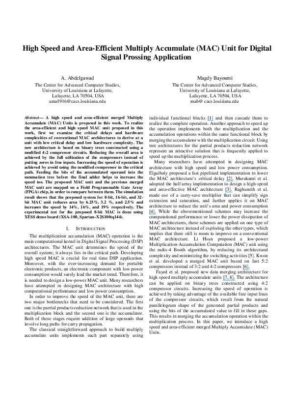 Pdf High Speed And Area Efficient Multiply Accumulate Mac Unit For Digital Signal Prossing