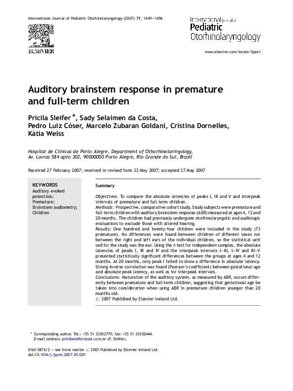 (PDF) Auditory brainstem response in premature and full-term children