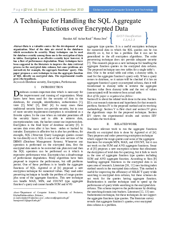 Pdf A Technique For Handling The Sql Aggregate Functions Over Encrypted Data