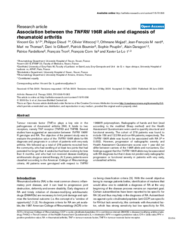 (PDF) Association between the TNFRII 196R allele and diagnosis of ...