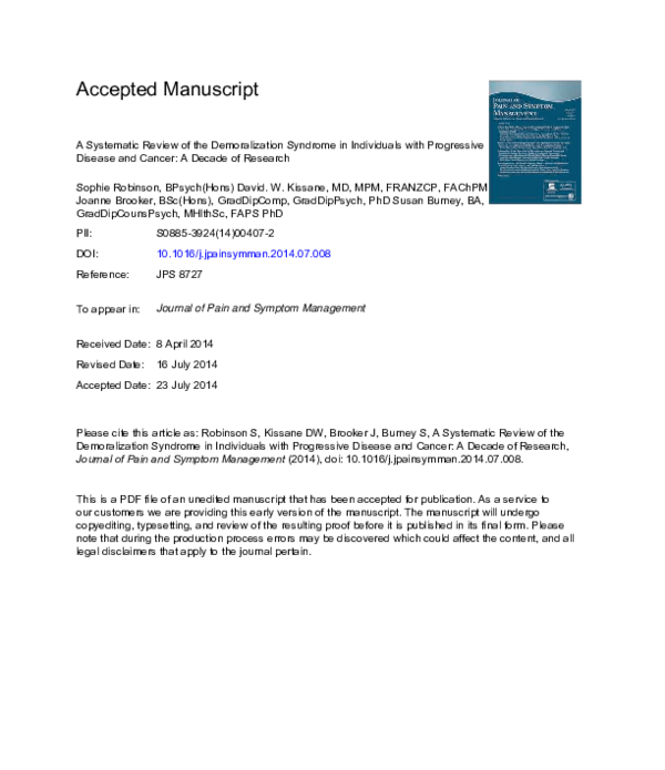 (PDF) A Systematic Review of the Demoralization Syndrome in Individuals ...