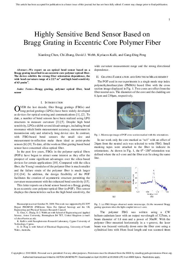 (PDF) Highly Sensitive Bend Sensor Based on Bragg Grating in Eccentric Core Polymer Fiber